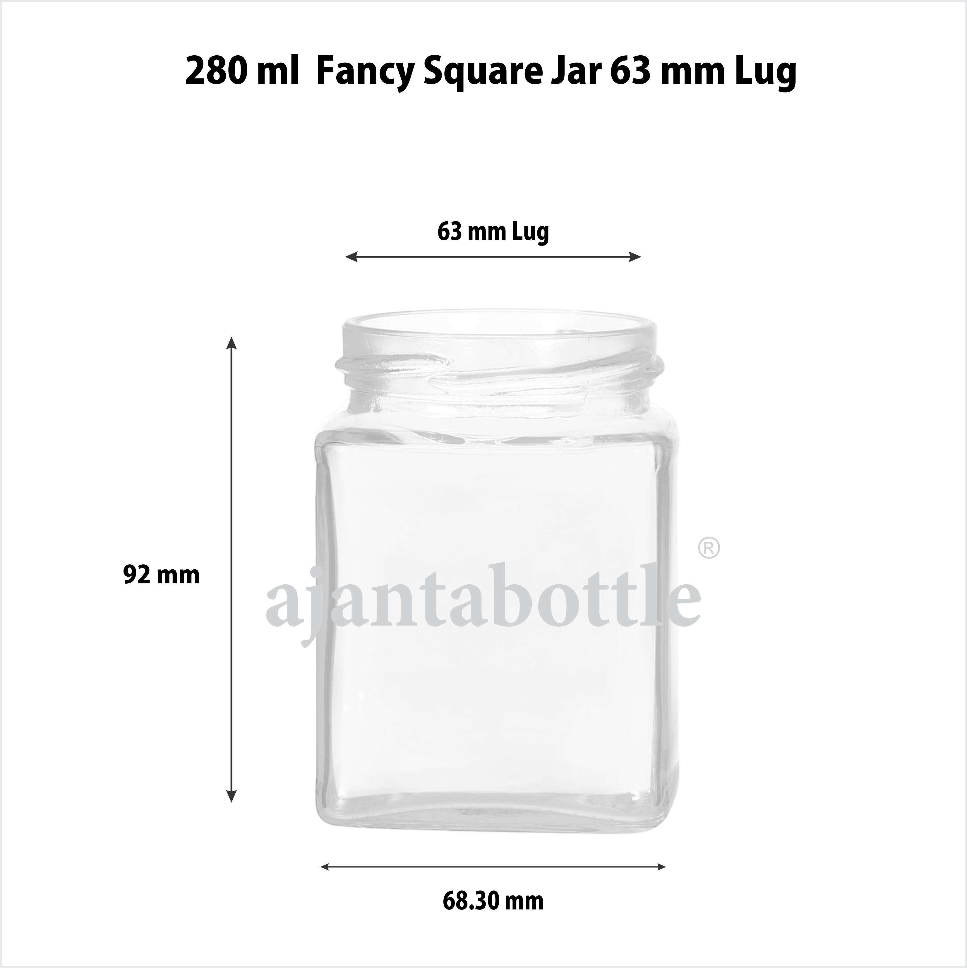 280 ml Square Fancy Glass Jar 63 mm Lug Neck - AjantaBottle