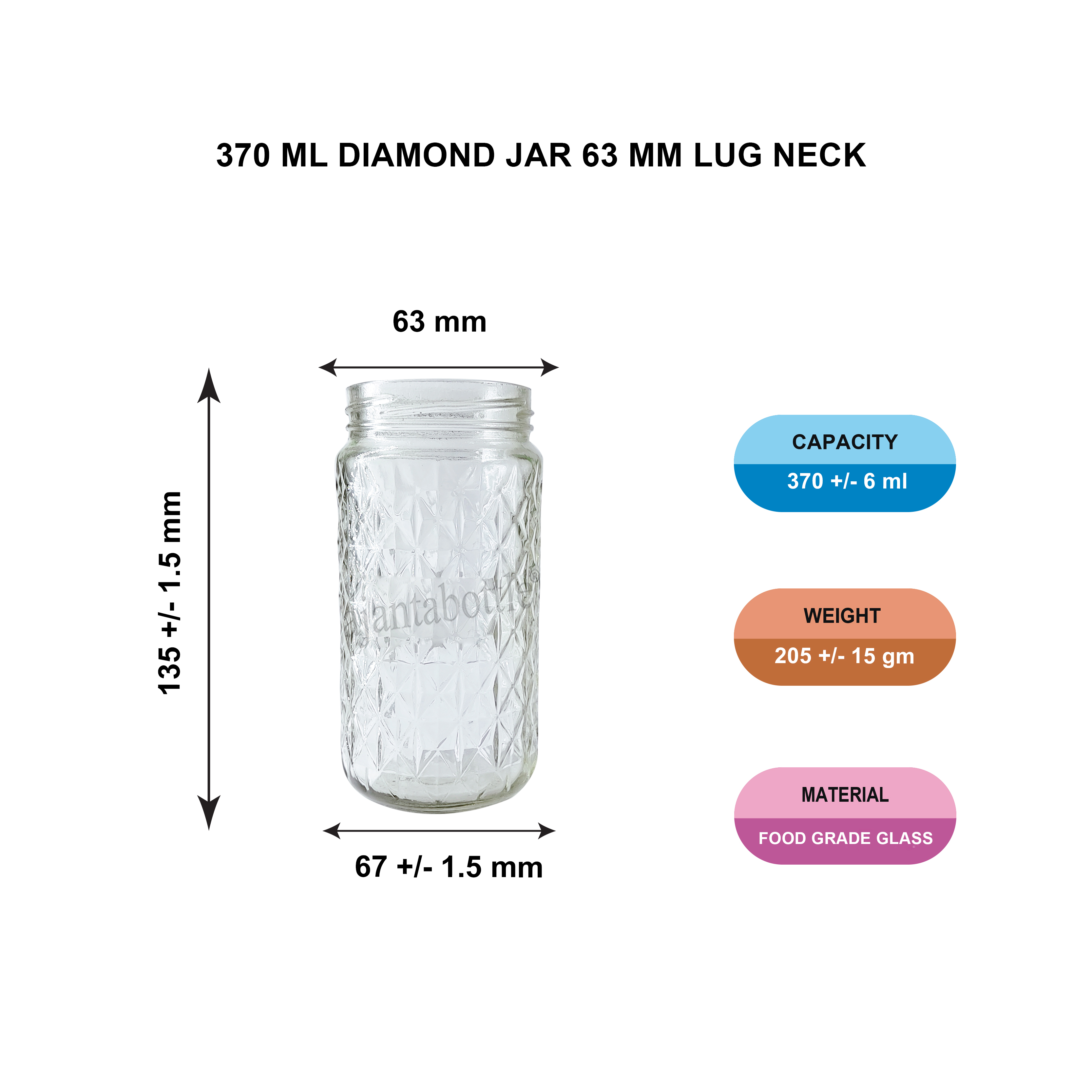 370 ml Diamond Glass Jar 63 mm Lug Neck - Ajanta Bottle Pvt Ltd