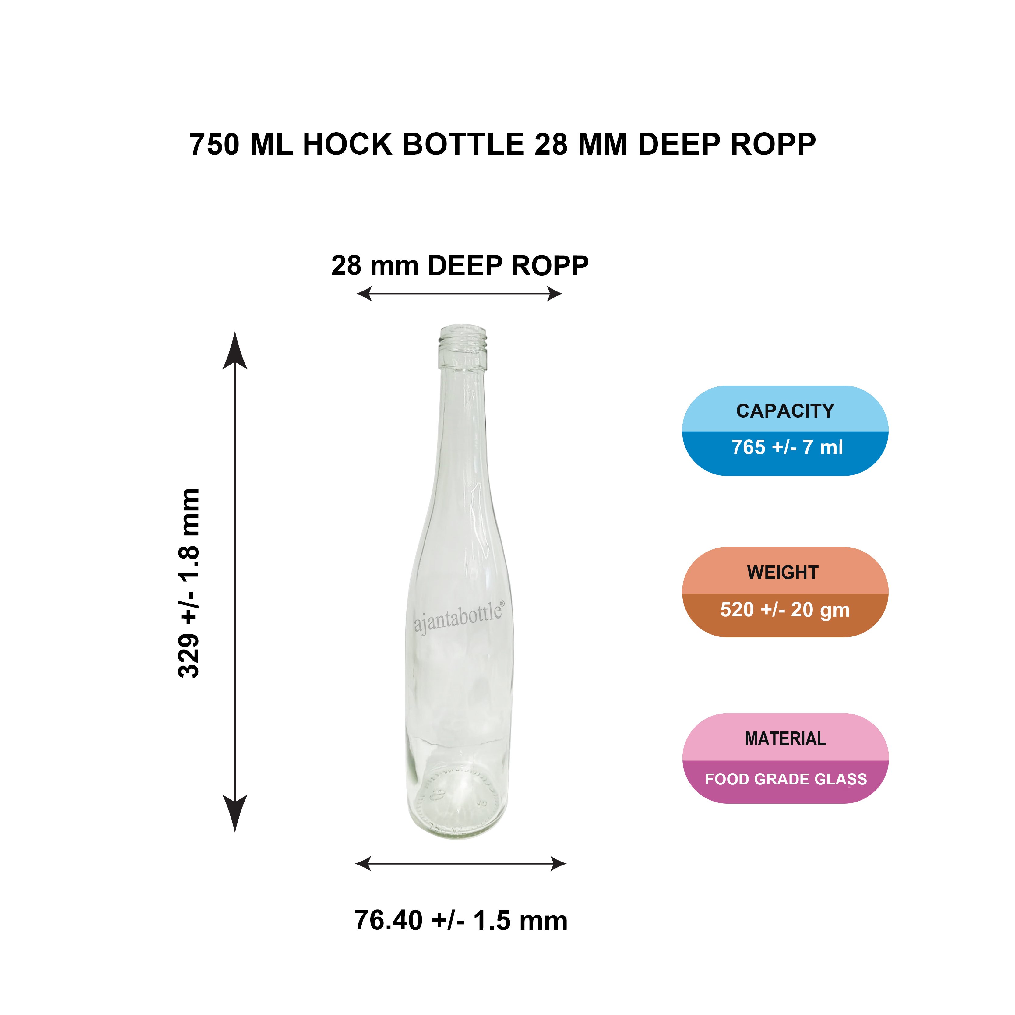 750 ml Hock Glass Bottle 28 mm Deep ROPP Neck - Ajanta Bottle Pvt Ltd