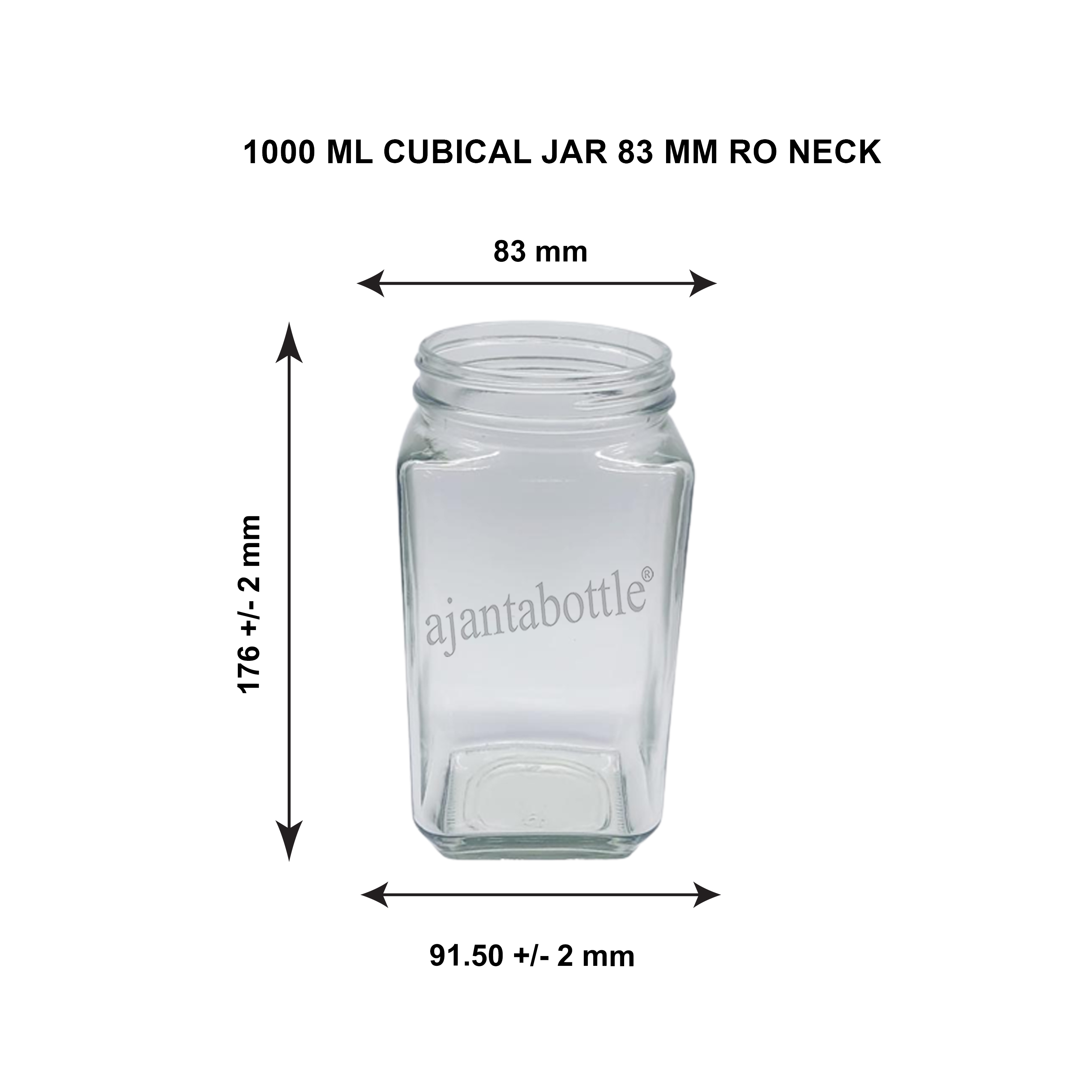 1000 ml Cubical Glass Jar 83 mm RO Neck - Ajanta Bottle Pvt Ltd