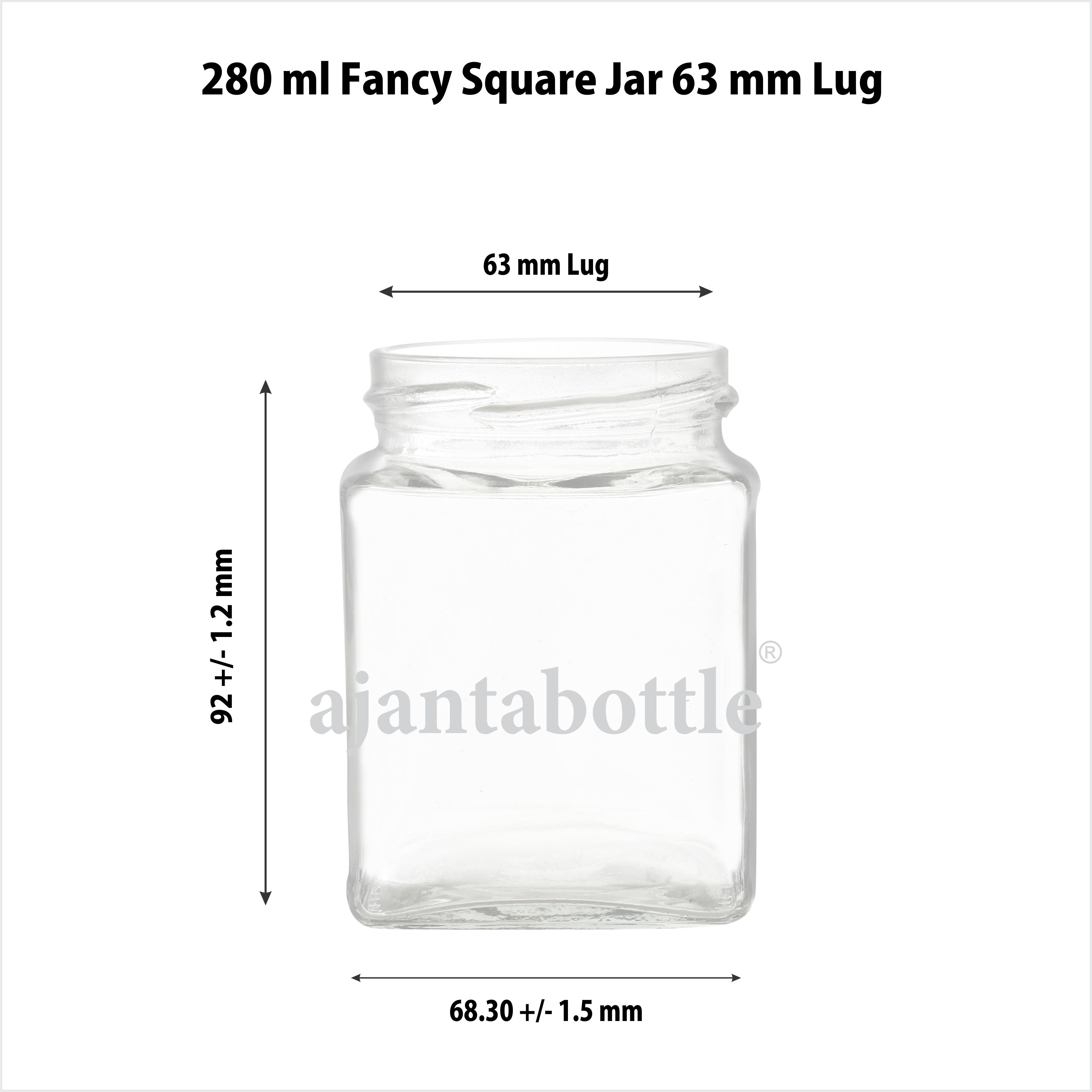 280 ml Square Fancy Glass Jar 63 mm Lug Neck - Ajanta Bottle Pvt Ltd
