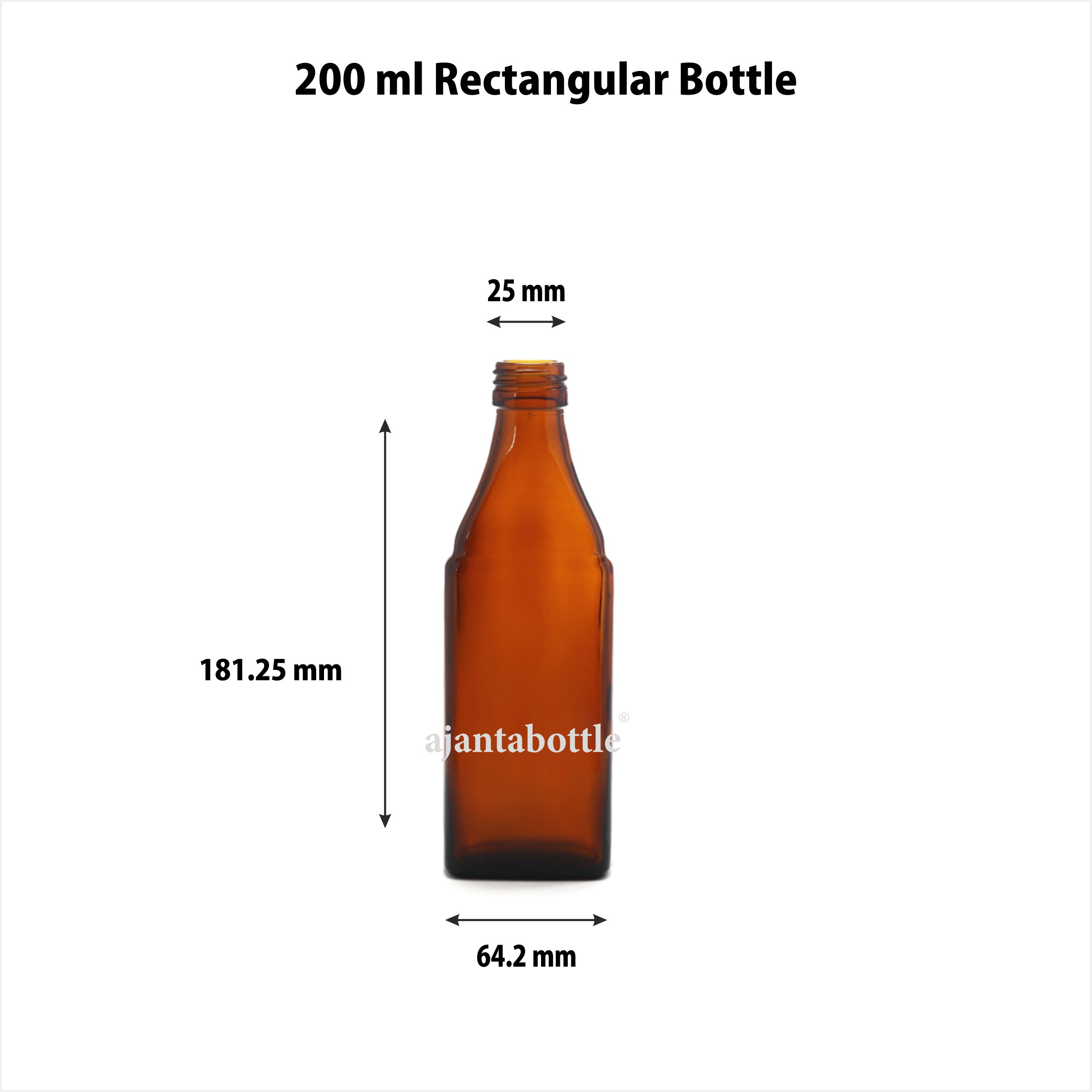 200 ml Rectangular Amber Glass Bottle 25 mm ROPP Neck - AjantaBottle